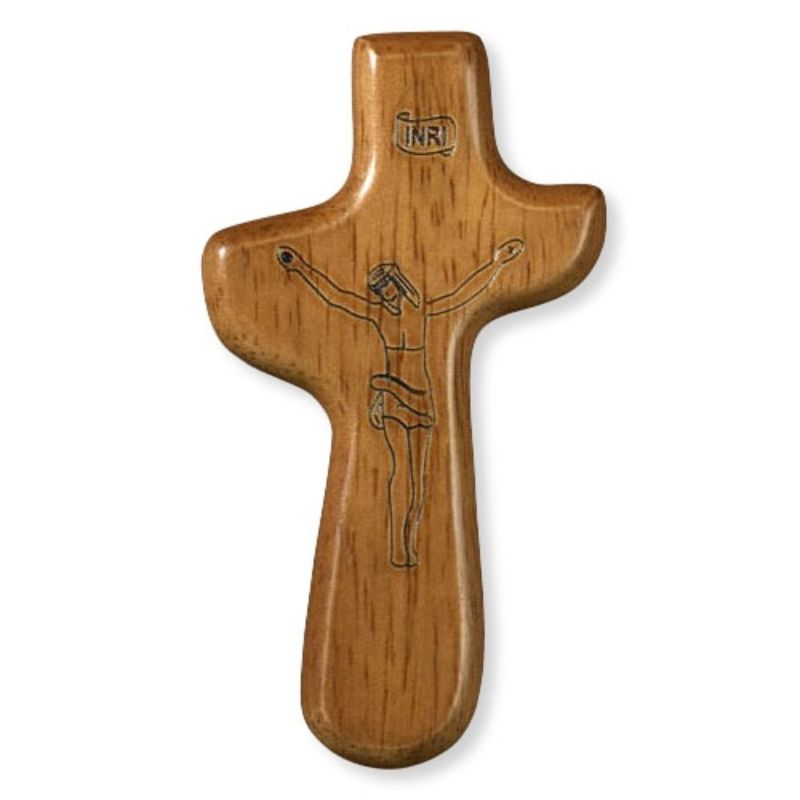Laser Etched Oak Hand Crucifix | Custom Rosaries and Religious Articles